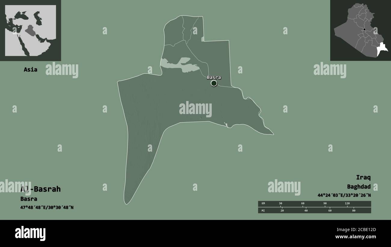 Shape of Al-Basrah, province of Iraq, and its capital. Distance scale ...