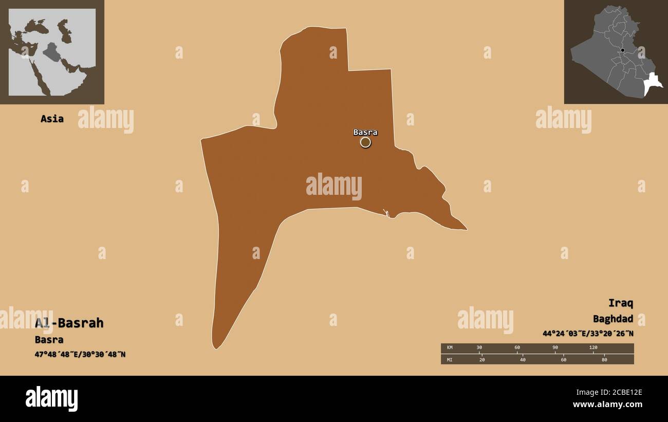 Shape of Al-Basrah, province of Iraq, and its capital. Distance scale ...