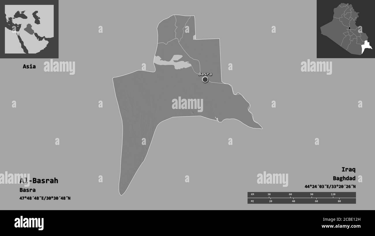 Shape of Al-Basrah, province of Iraq, and its capital. Distance scale ...