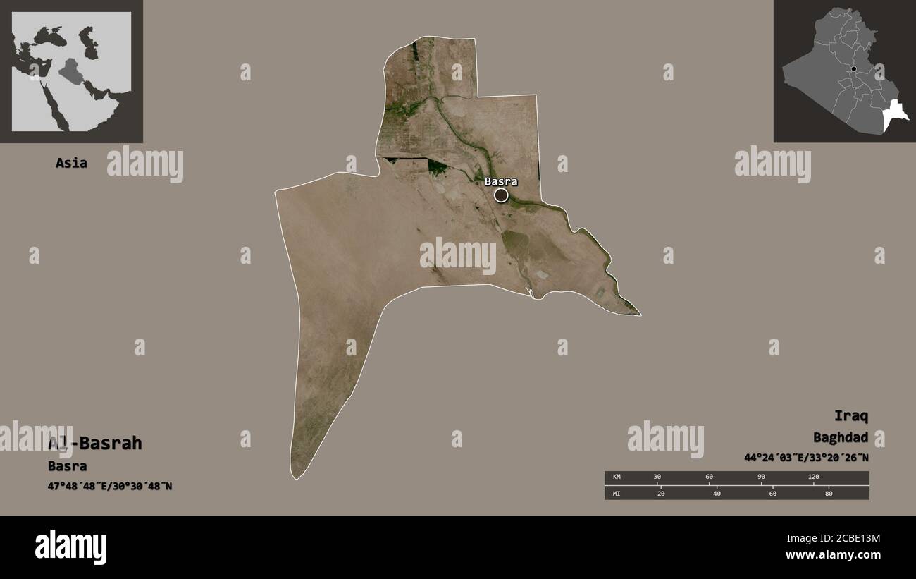 Shape of Al-Basrah, province of Iraq, and its capital. Distance scale ...