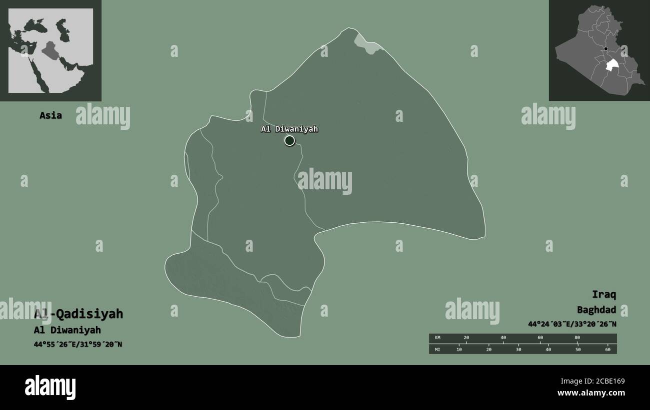 Shape of Al-Qadisiyah, province of Iraq, and its capital. Distance ...