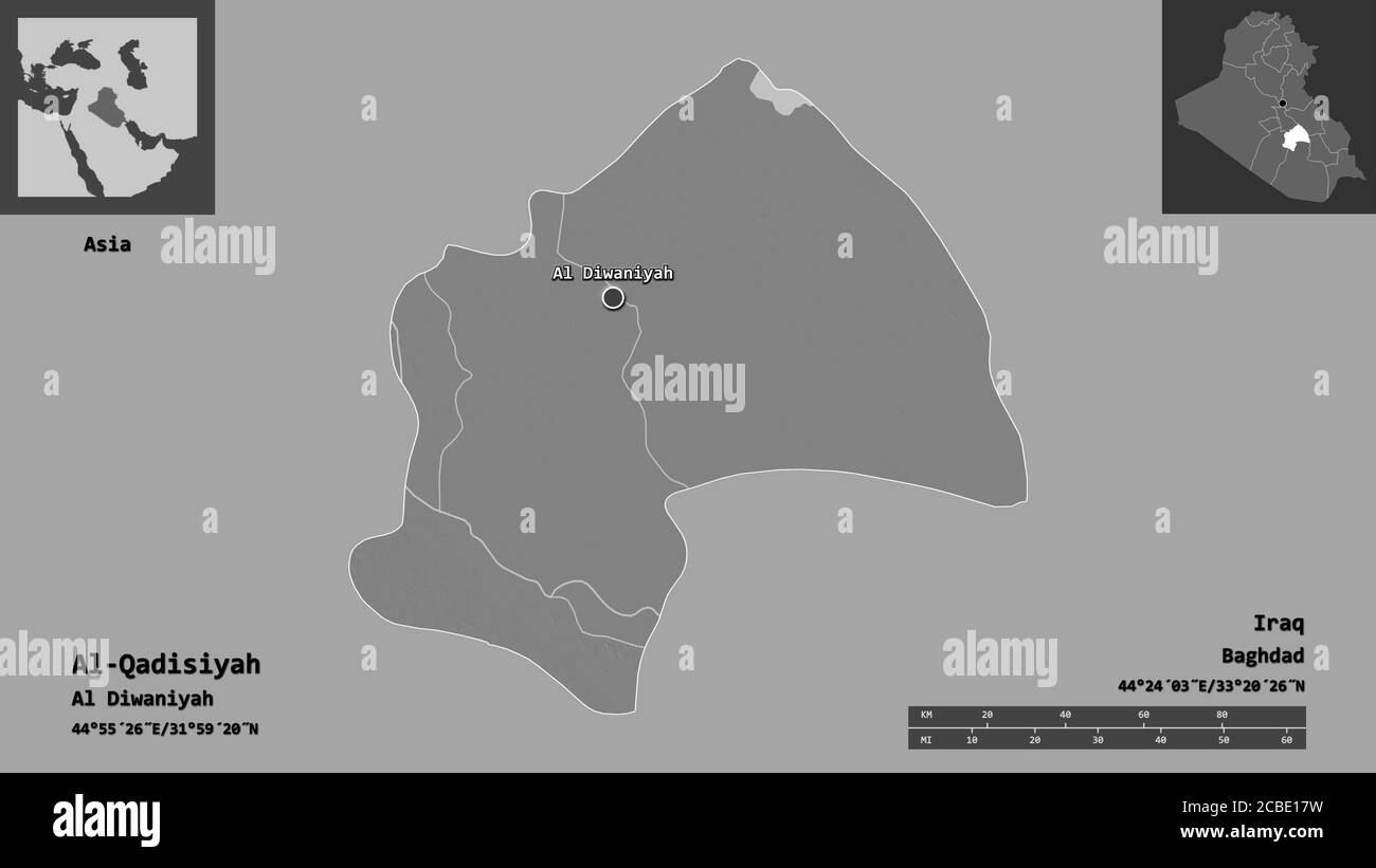 Shape of Al-Qadisiyah, province of Iraq, and its capital. Distance ...