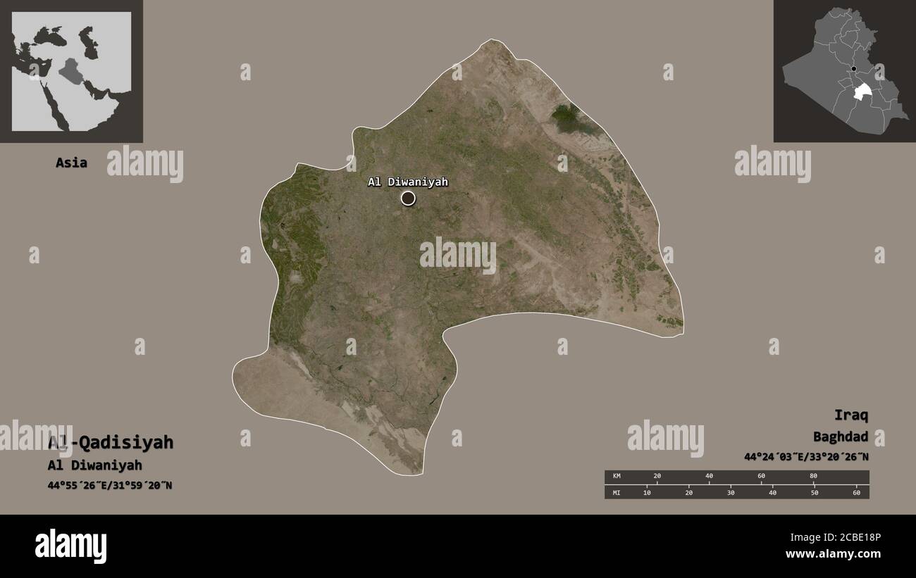 Shape of Al-Qadisiyah, province of Iraq, and its capital. Distance ...