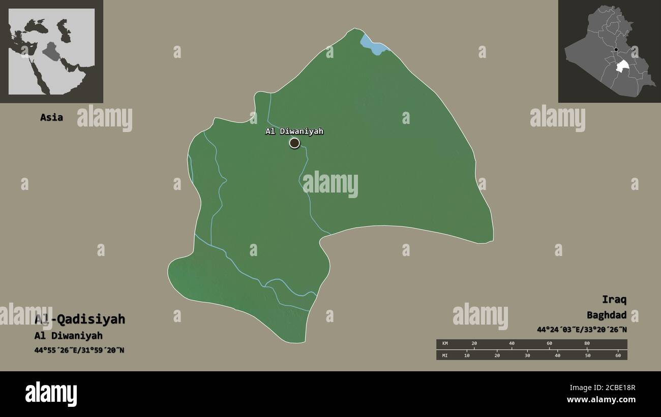 Shape of Al-Qadisiyah, province of Iraq, and its capital. Distance ...