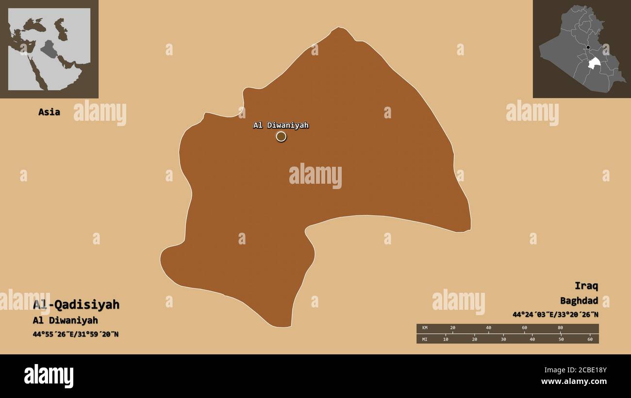 Shape of Al-Qadisiyah, province of Iraq, and its capital. Distance ...
