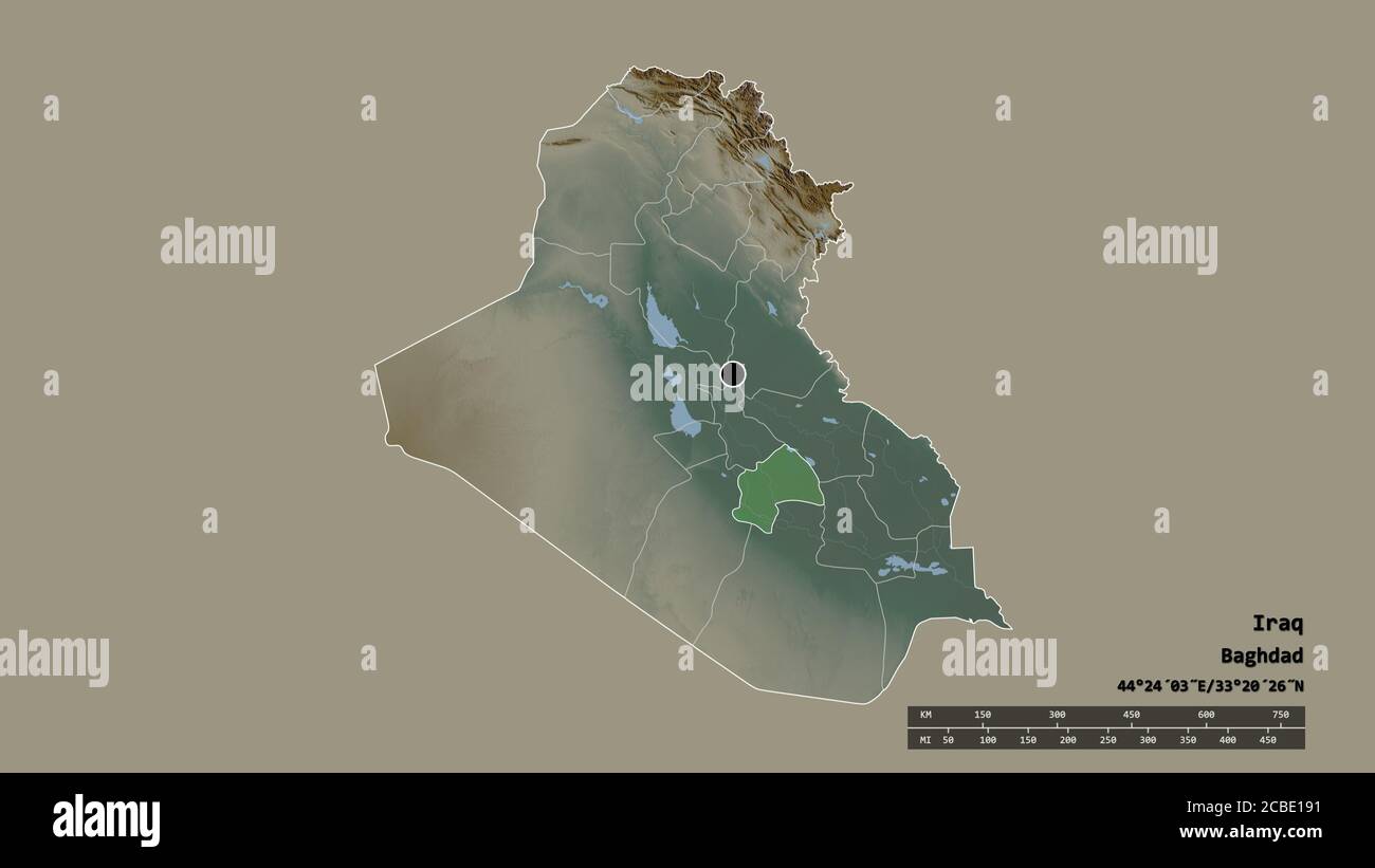 Desaturated shape of Iraq with its capital, main regional division and ...