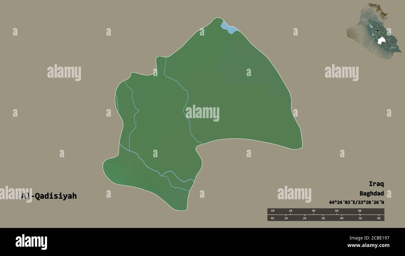 Shape of Al-Qadisiyah, province of Iraq, with its capital isolated on ...
