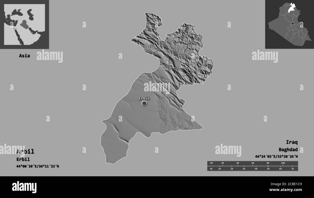 Shape of Arbil, province of Iraq, and its capital. Distance scale ...
