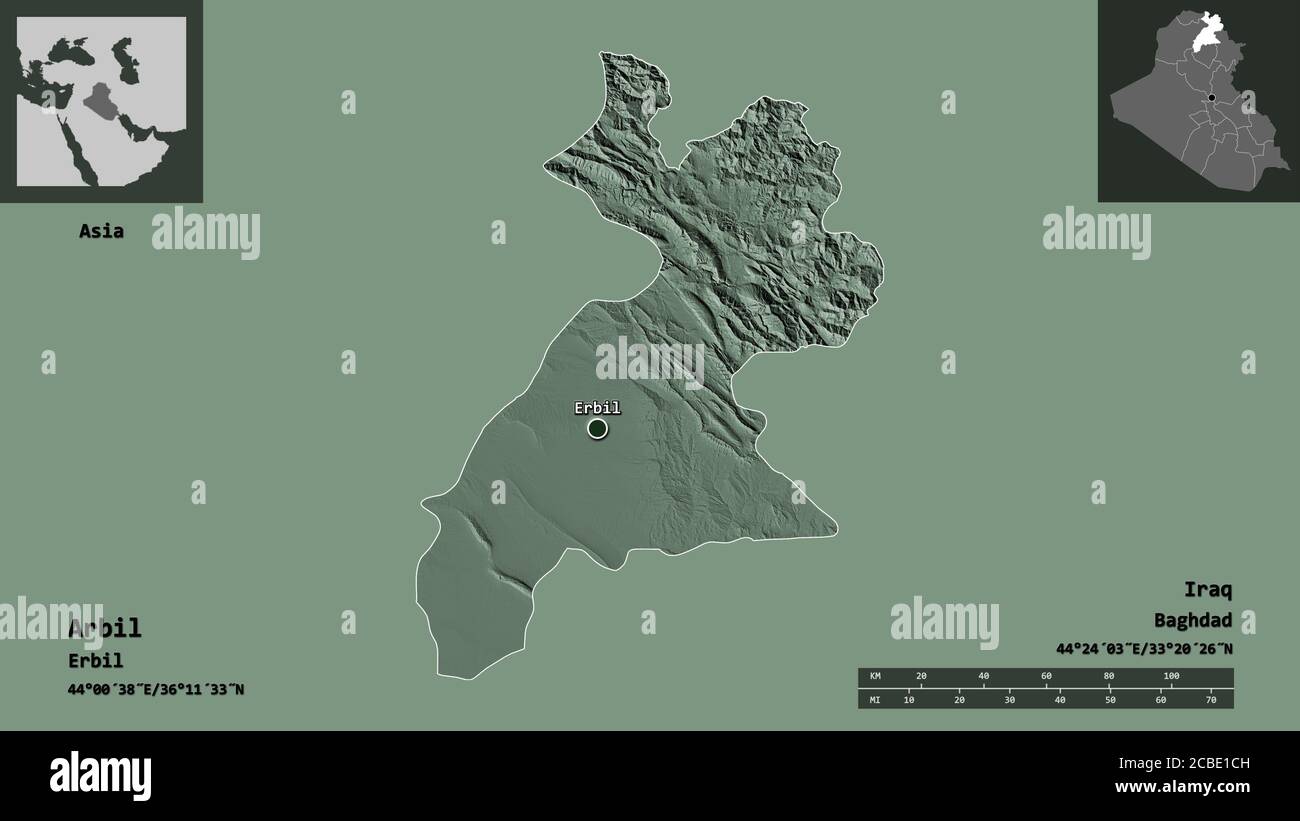 Shape of Arbil, province of Iraq, and its capital. Distance scale ...