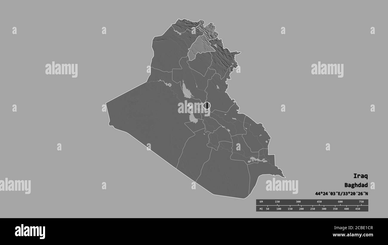 Desaturated shape of Iraq with its capital, main regional division and ...