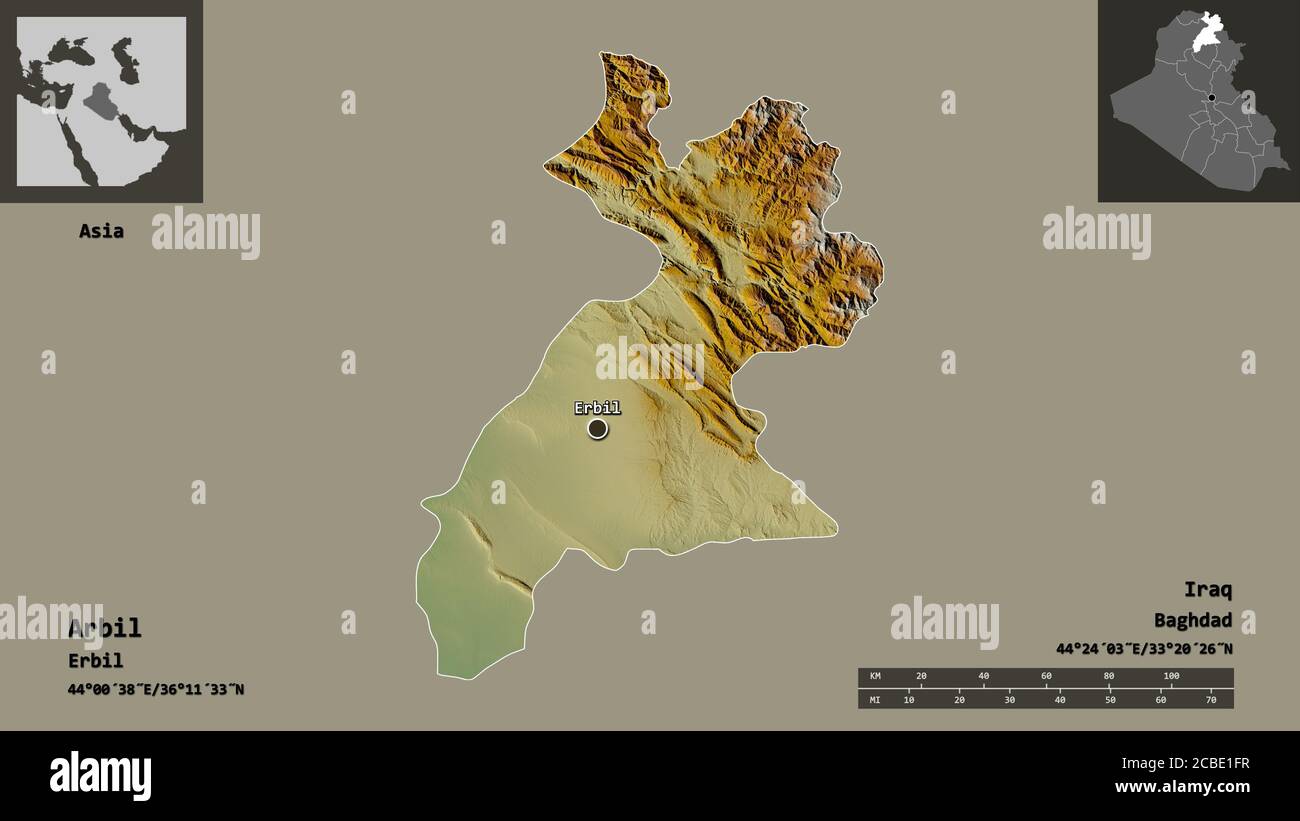 Shape of Arbil, province of Iraq, and its capital. Distance scale ...