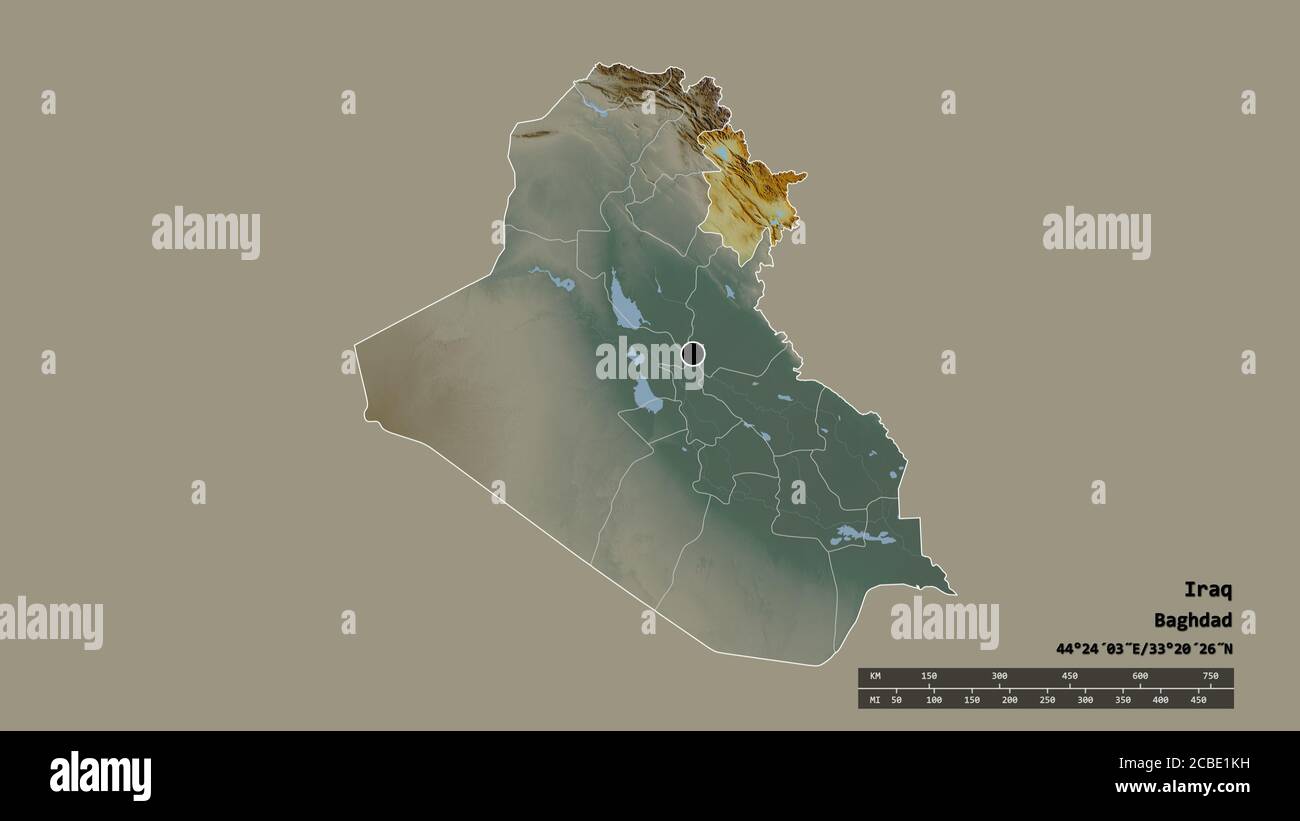 Desaturated shape of Iraq with its capital, main regional division and ...