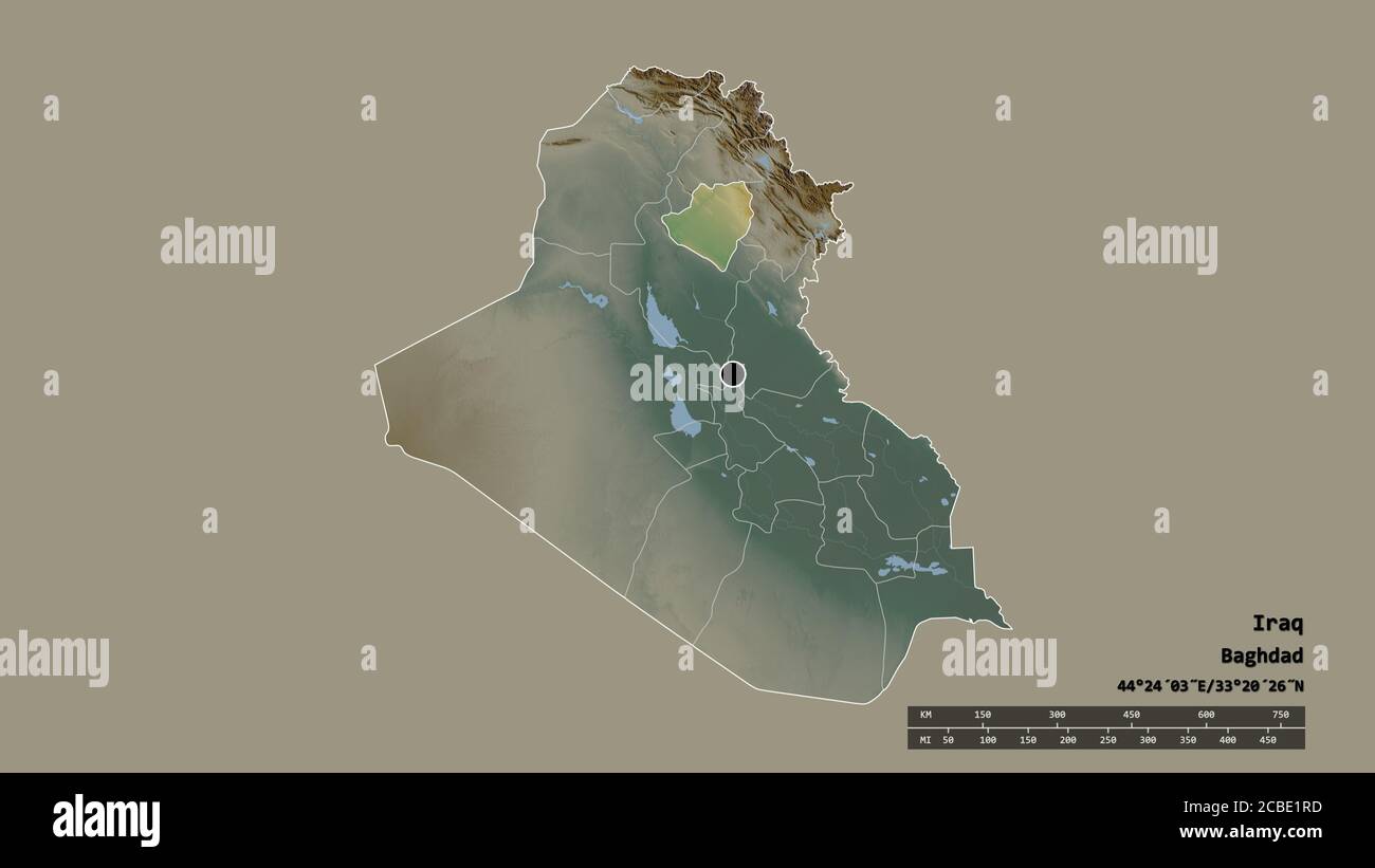 Desaturated shape of Iraq with its capital, main regional division and ...