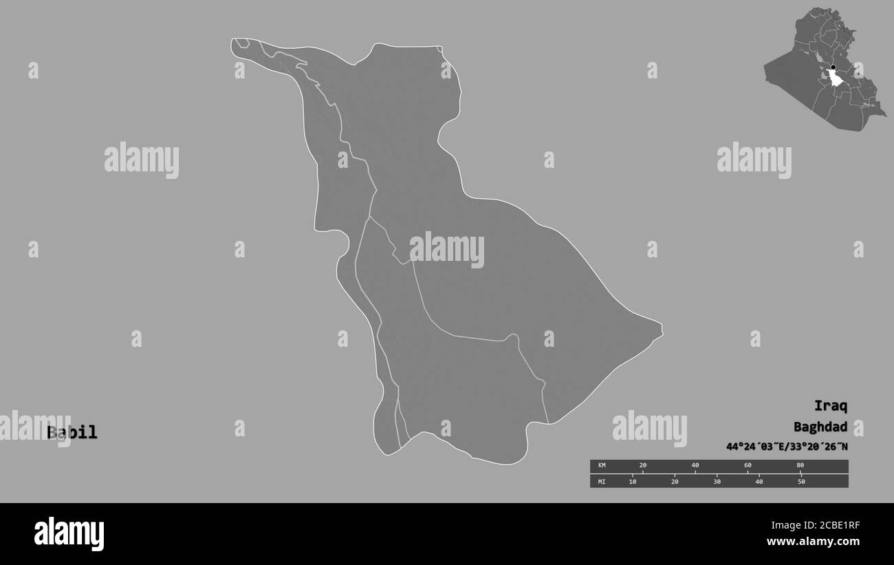 Shape of Babil, province of Iraq, with its capital isolated on solid ...