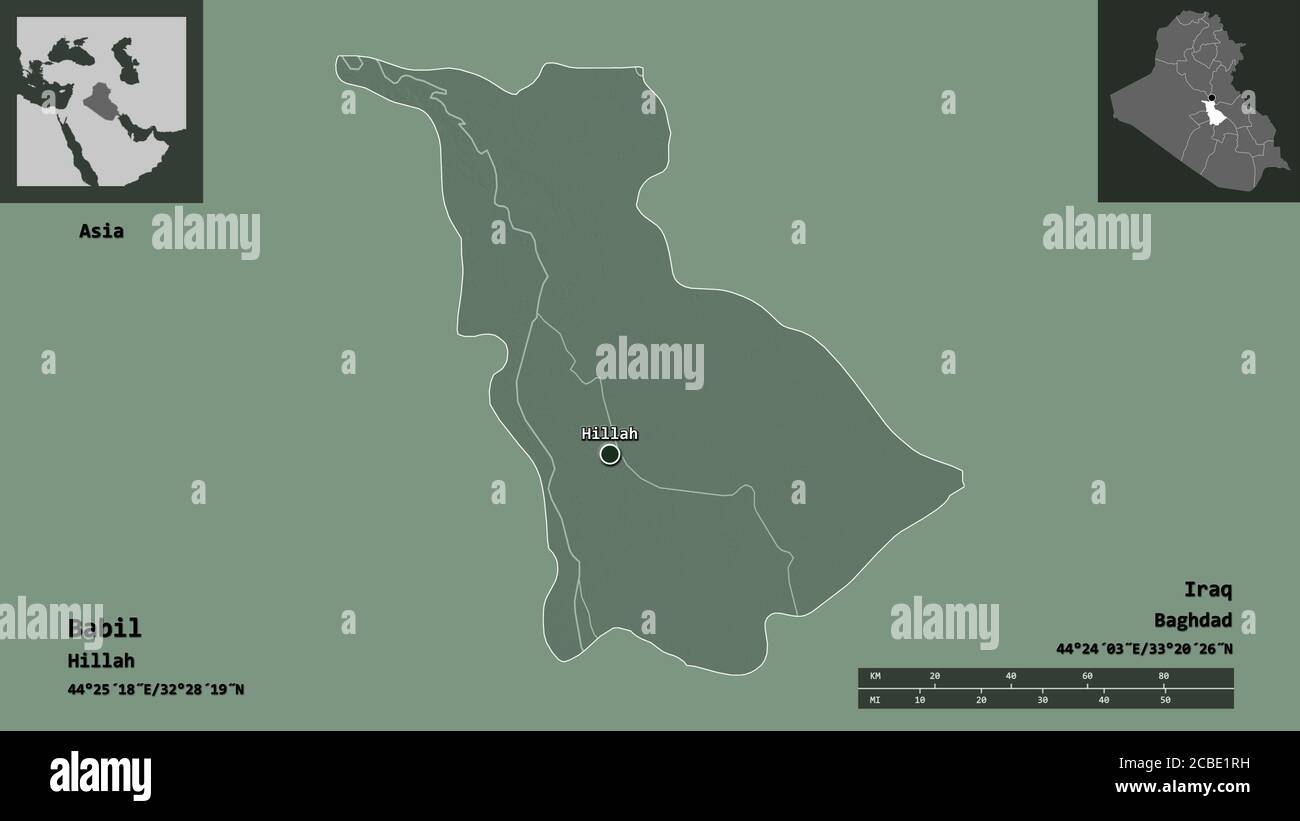 Shape of Babil, province of Iraq, and its capital. Distance scale ...