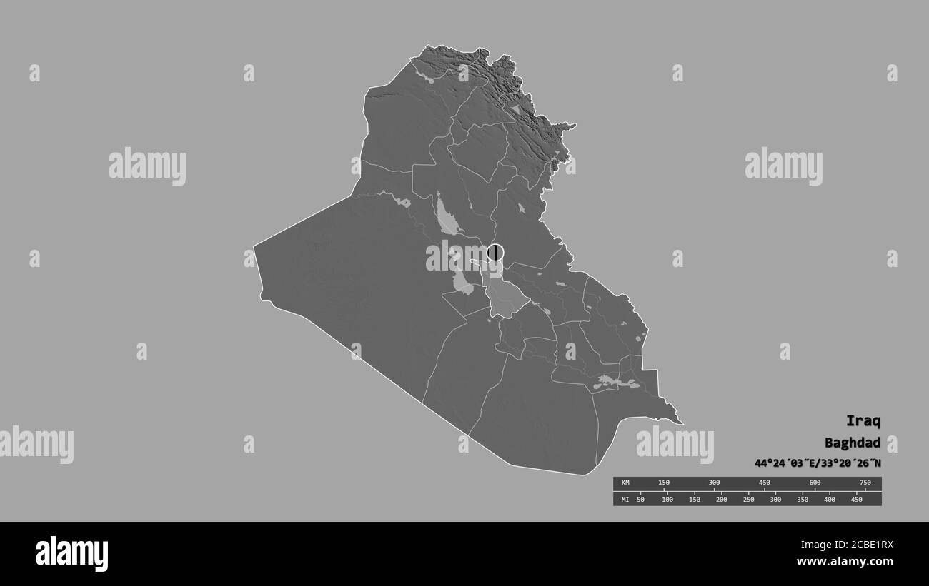 Desaturated shape of Iraq with its capital, main regional division and ...
