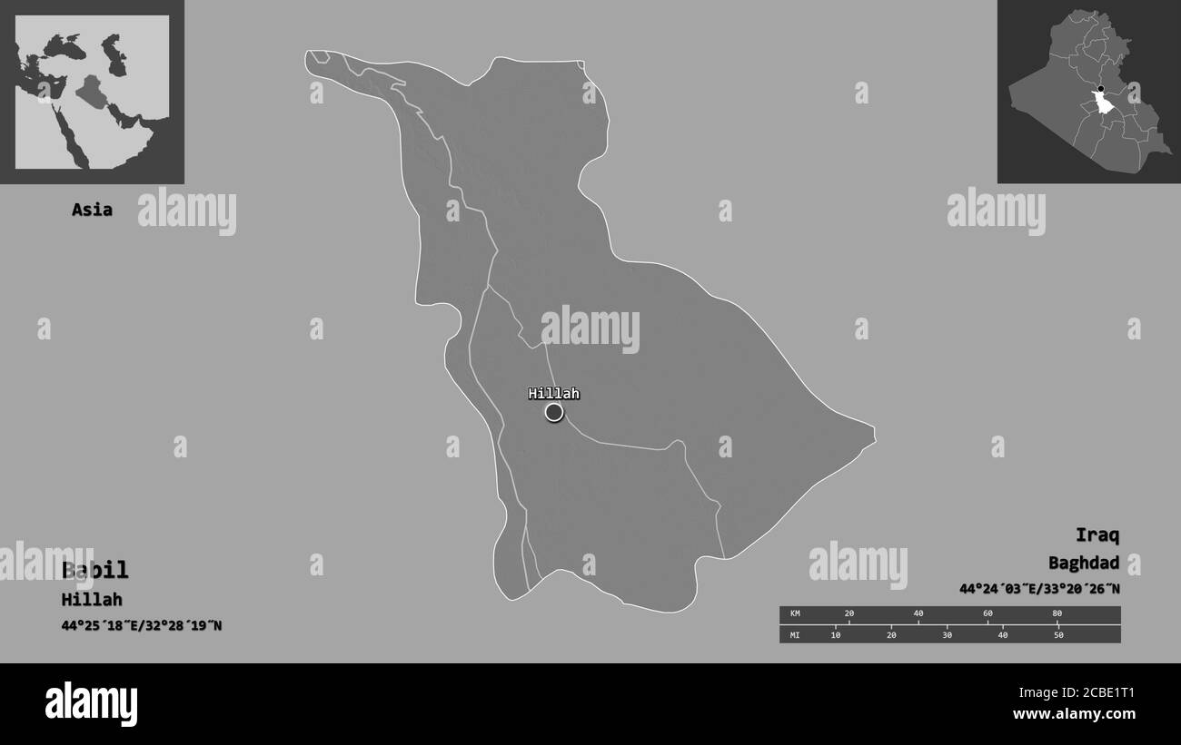 Shape of Babil, province of Iraq, and its capital. Distance scale ...
