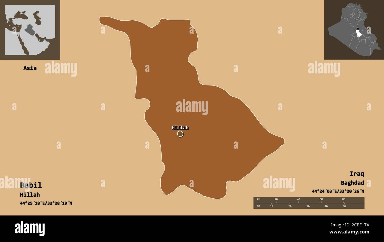 Shape of Babil, province of Iraq, and its capital. Distance scale ...