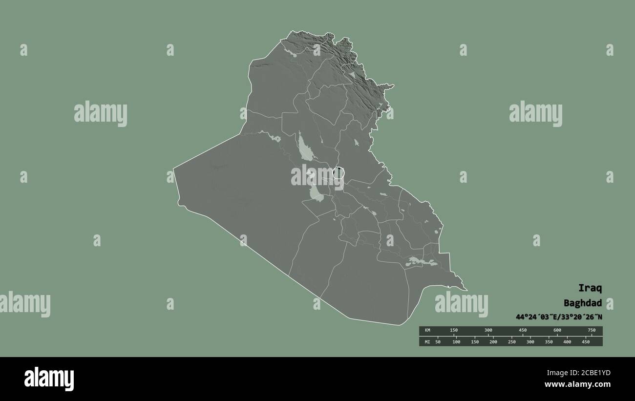 Desaturated shape of Iraq with its capital, main regional division and ...
