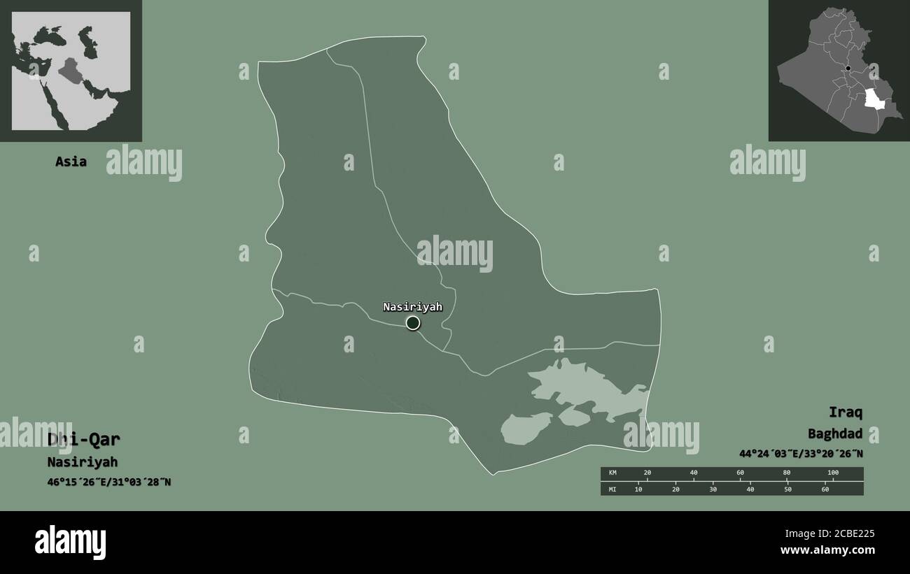 Shape of Dhi-Qar, province of Iraq, and its capital. Distance scale ...