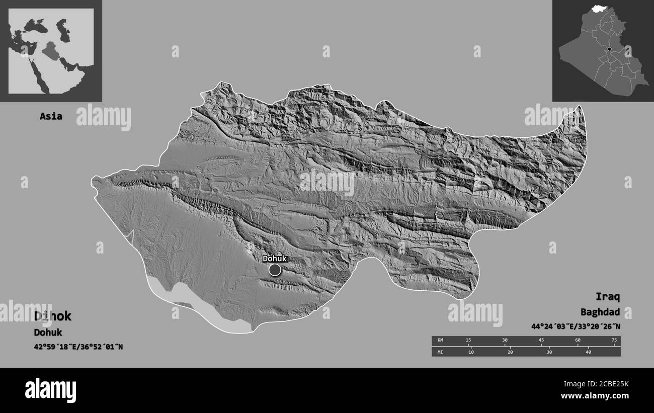 Shape of Dihok, province of Iraq, and its capital. Distance scale ...