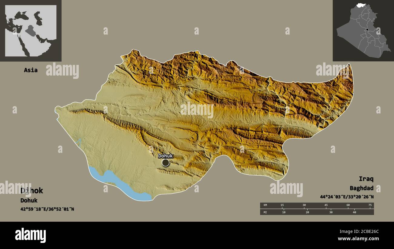 Shape of Dihok, province of Iraq, and its capital. Distance scale ...