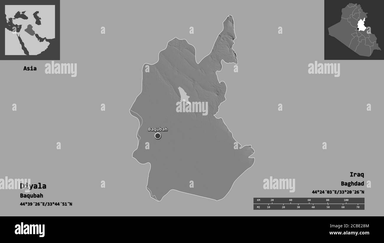 Shape of Diyala, province of Iraq, and its capital. Distance scale ...