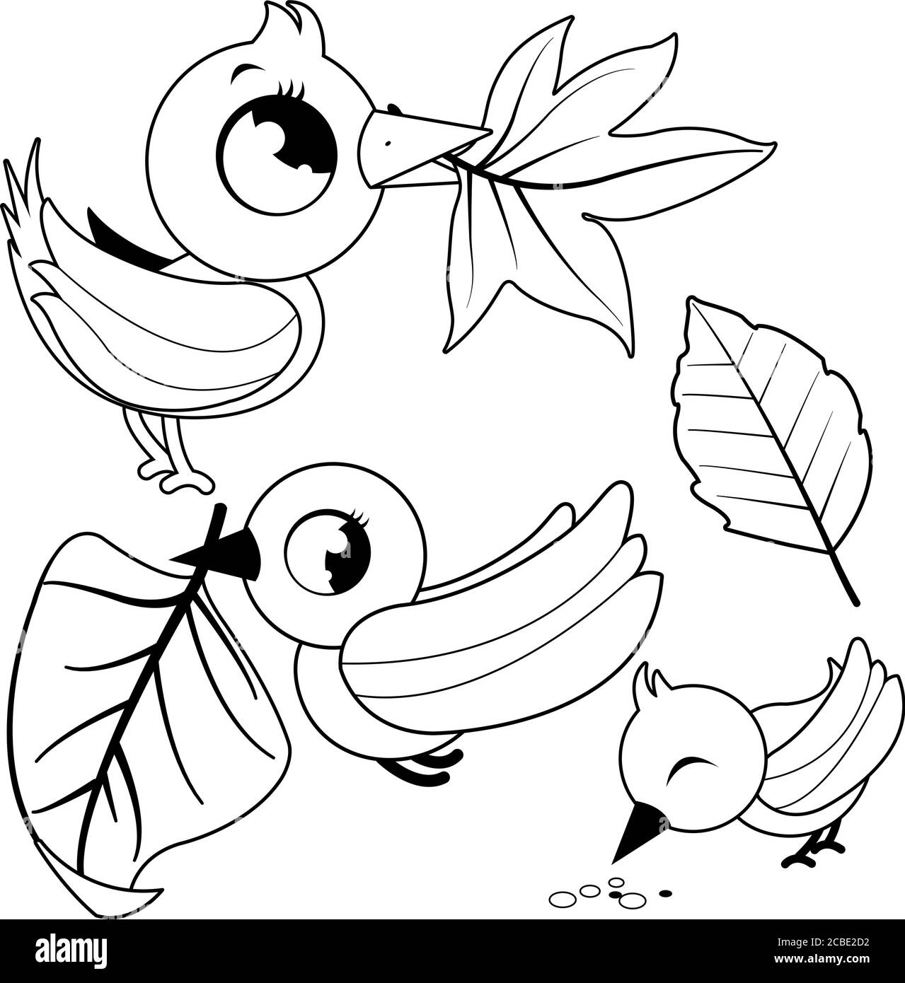 Cute birds holding dry Autumn leaves. Vector black and white coloring ...
