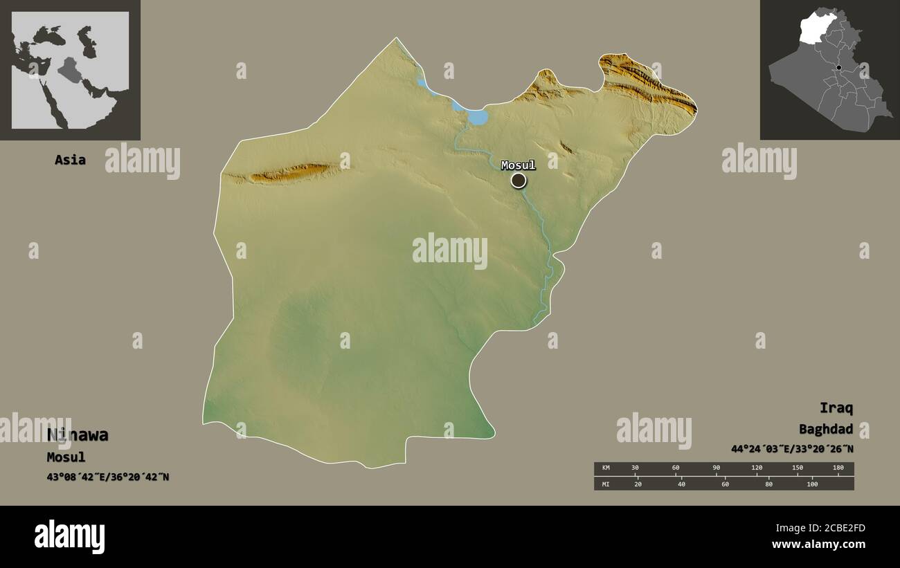 Shape of Ninawa, province of Iraq, and its capital. Distance scale ...