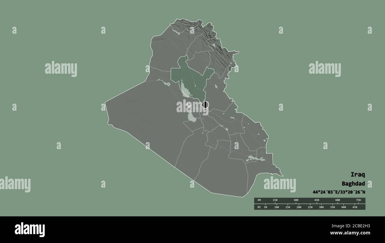 Desaturated shape of Iraq with its capital, main regional division and ...