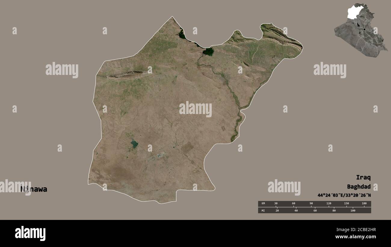 Shape of Ninawa, province of Iraq, with its capital isolated on solid ...