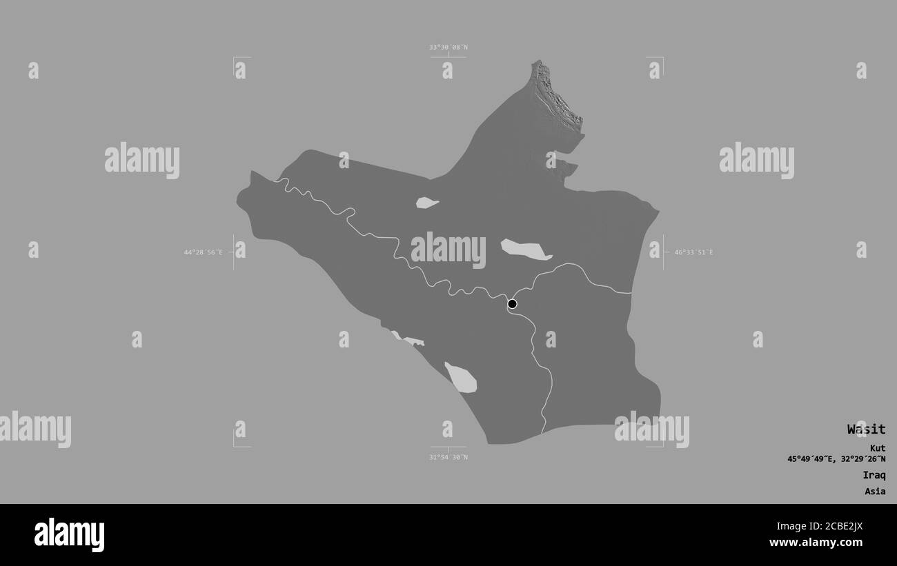 Area of Wasit, province of Iraq, isolated on a solid background in a georeferenced bounding box ...