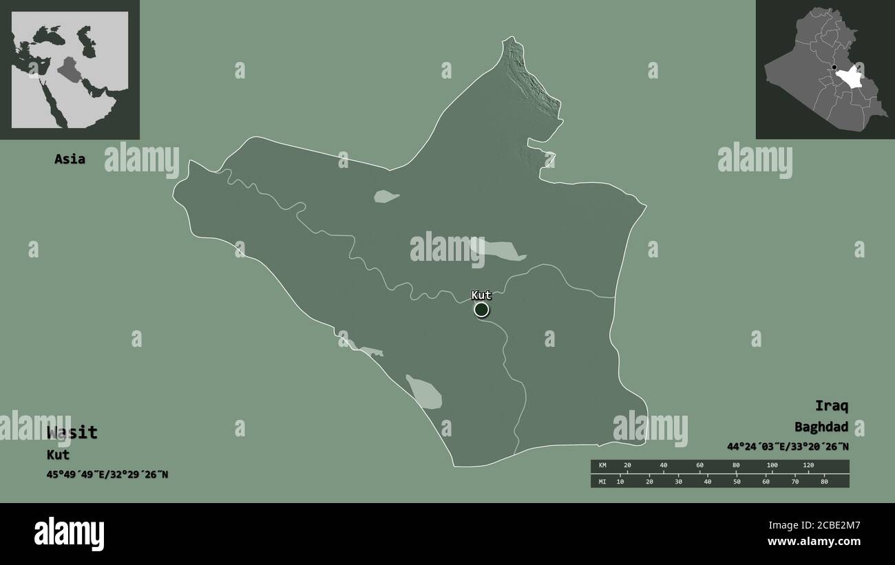 Shape of Wasit, province of Iraq, and its capital. Distance scale ...