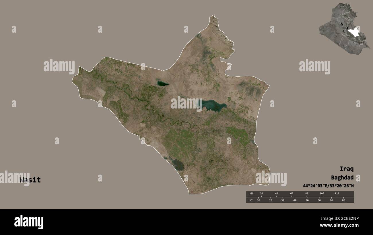 Shape of Wasit, province of Iraq, with its capital isolated on solid ...