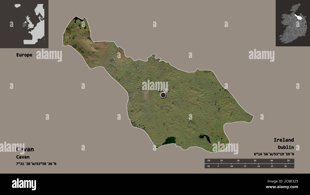 Shape of Cavan, county of Ireland, and its capital. Distance scale ...