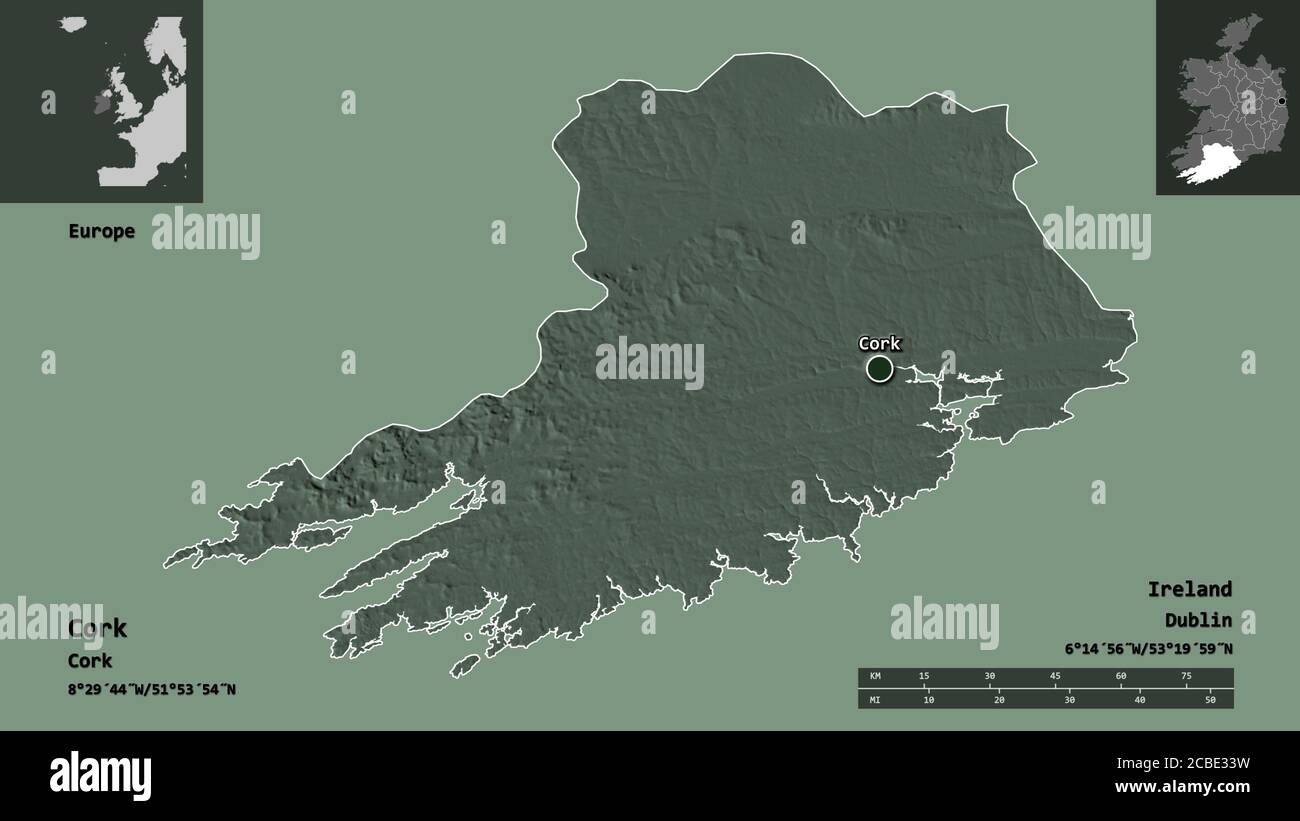 Shape of Cork, county of Ireland, and its capital. Distance scale ...