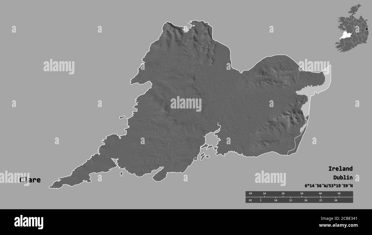 Shape of Clare, county of Ireland, with its capital isolated on solid ...