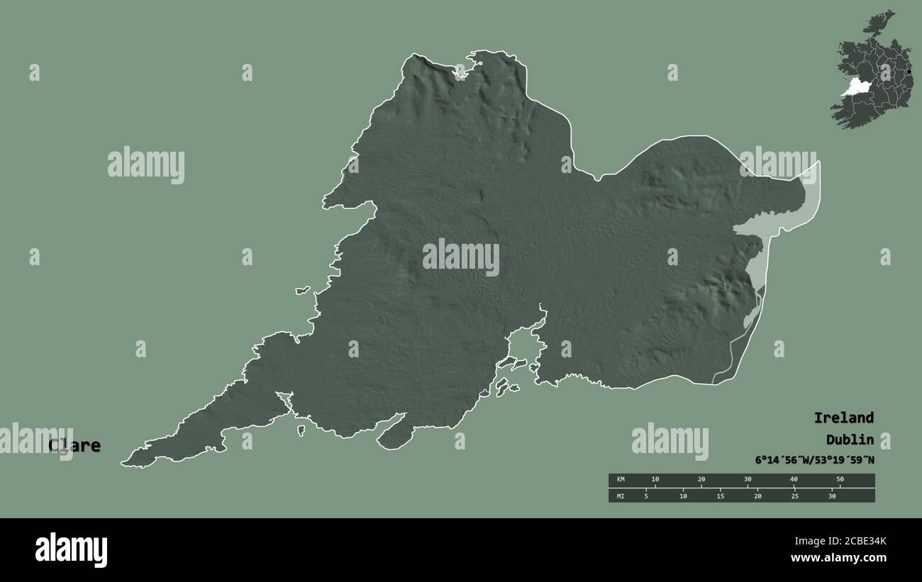 Shape of Clare, county of Ireland, with its capital isolated on solid ...