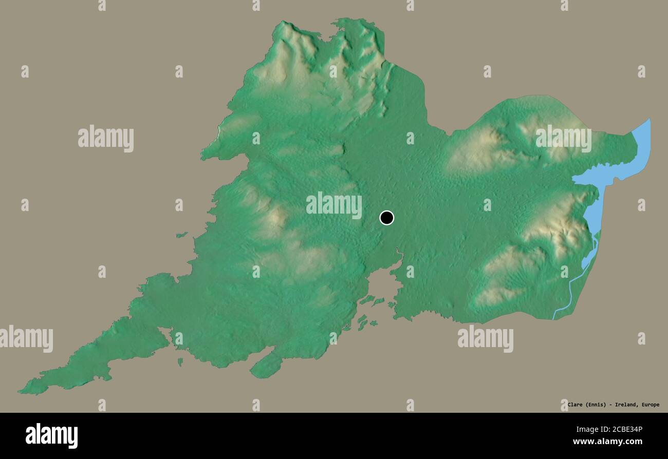 Shape of Clare, county of Ireland, with its capital isolated on a solid ...