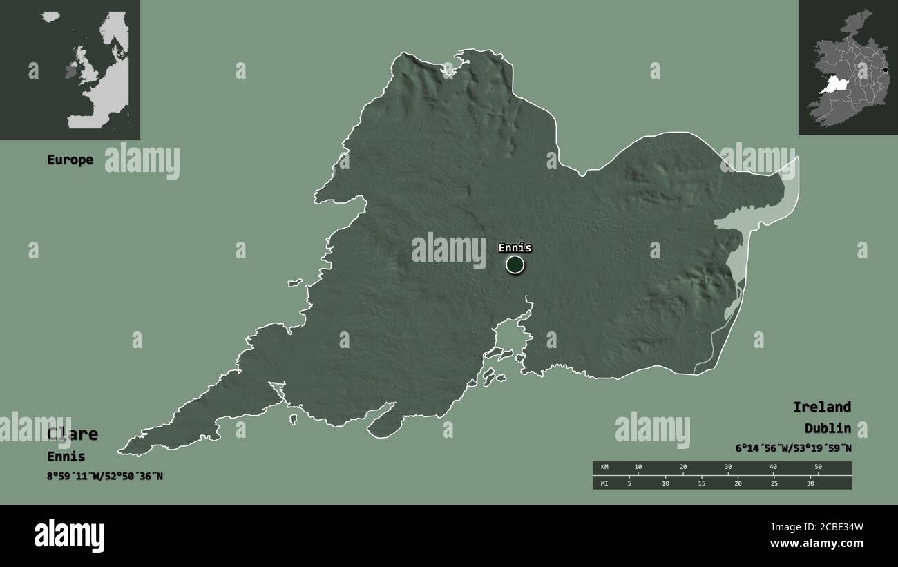 Shape of Clare, county of Ireland, and its capital. Distance scale ...