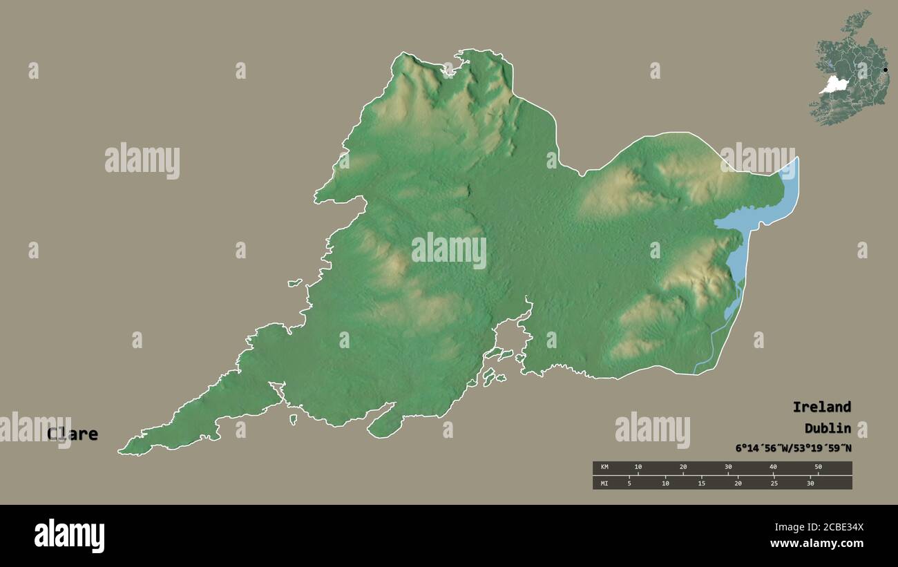 Shape of Clare, county of Ireland, with its capital isolated on solid ...