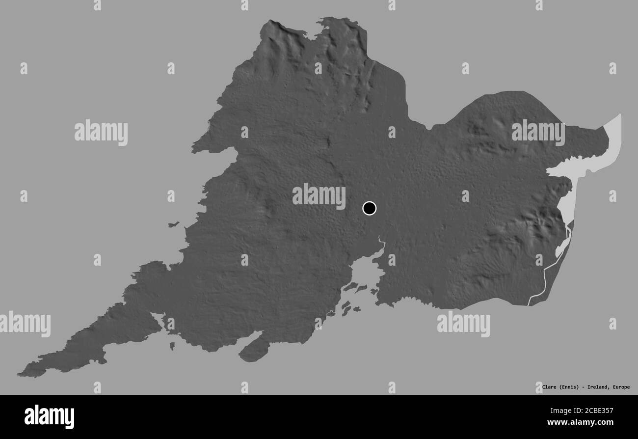 Shape of Clare, county of Ireland, with its capital isolated on a solid ...
