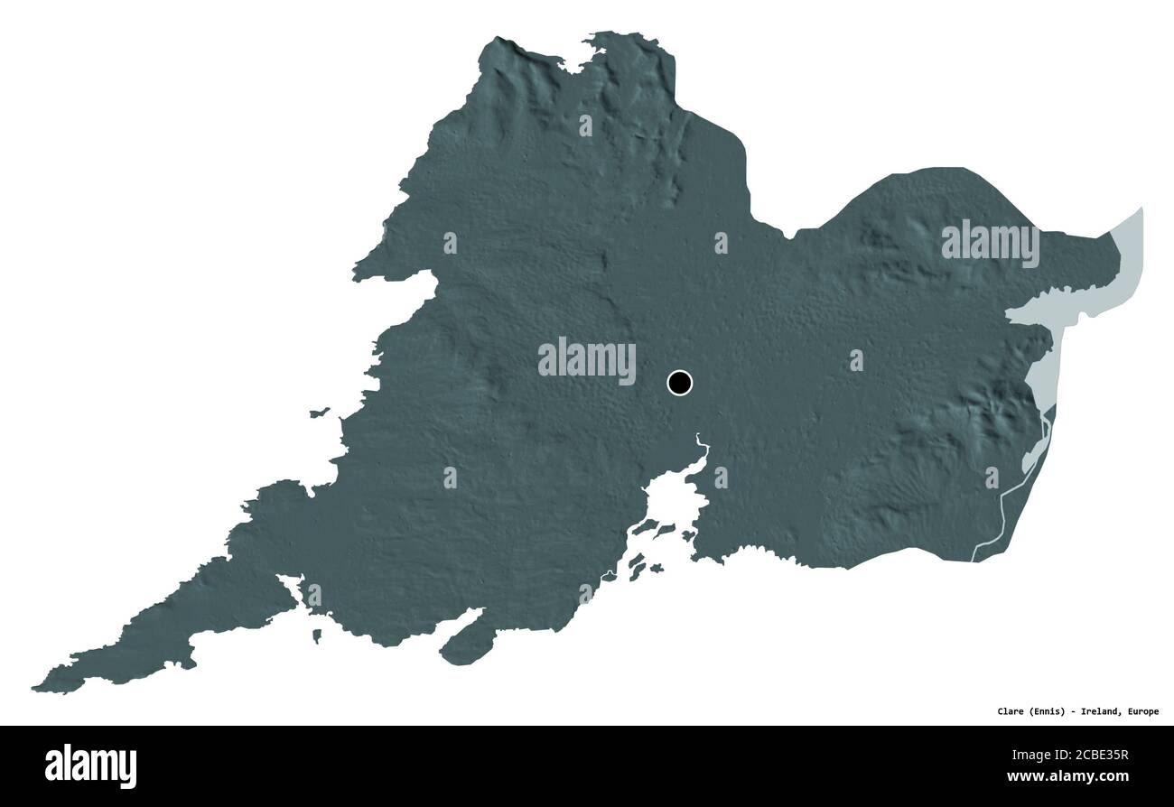 Shape of Clare, county of Ireland, with its capital isolated on white ...