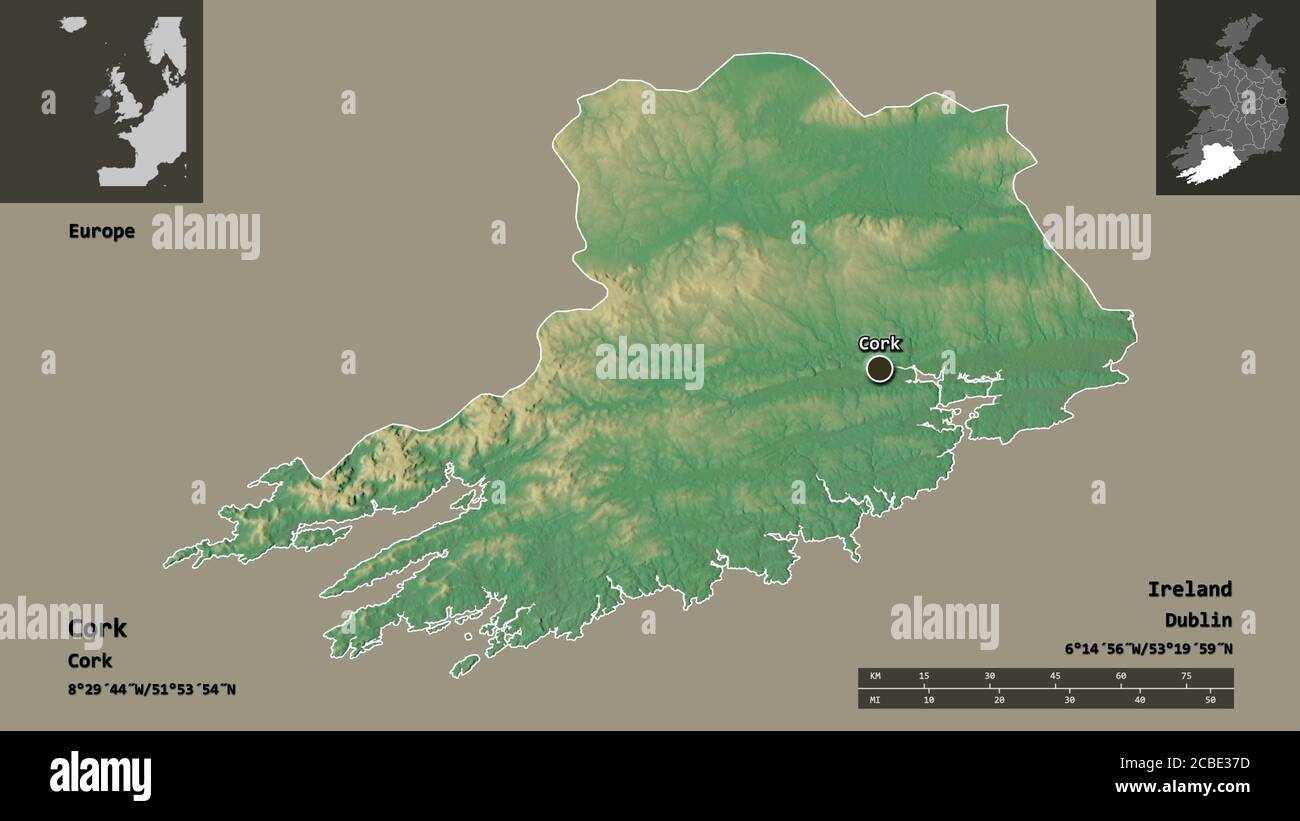 Shape of Cork, county of Ireland, and its capital. Distance scale ...