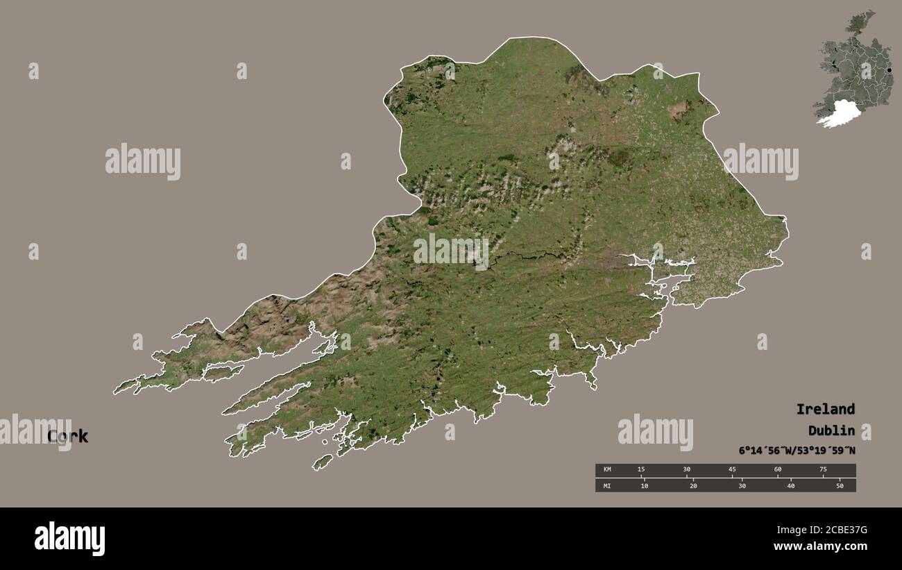 Shape of Cork, county of Ireland, with its capital isolated on solid ...