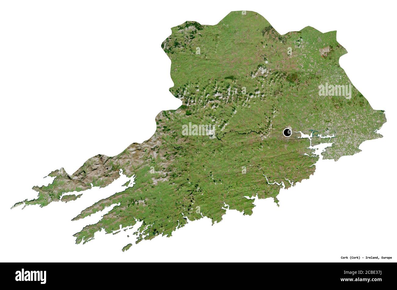 Shape of Cork, county of Ireland, with its capital isolated on white ...
