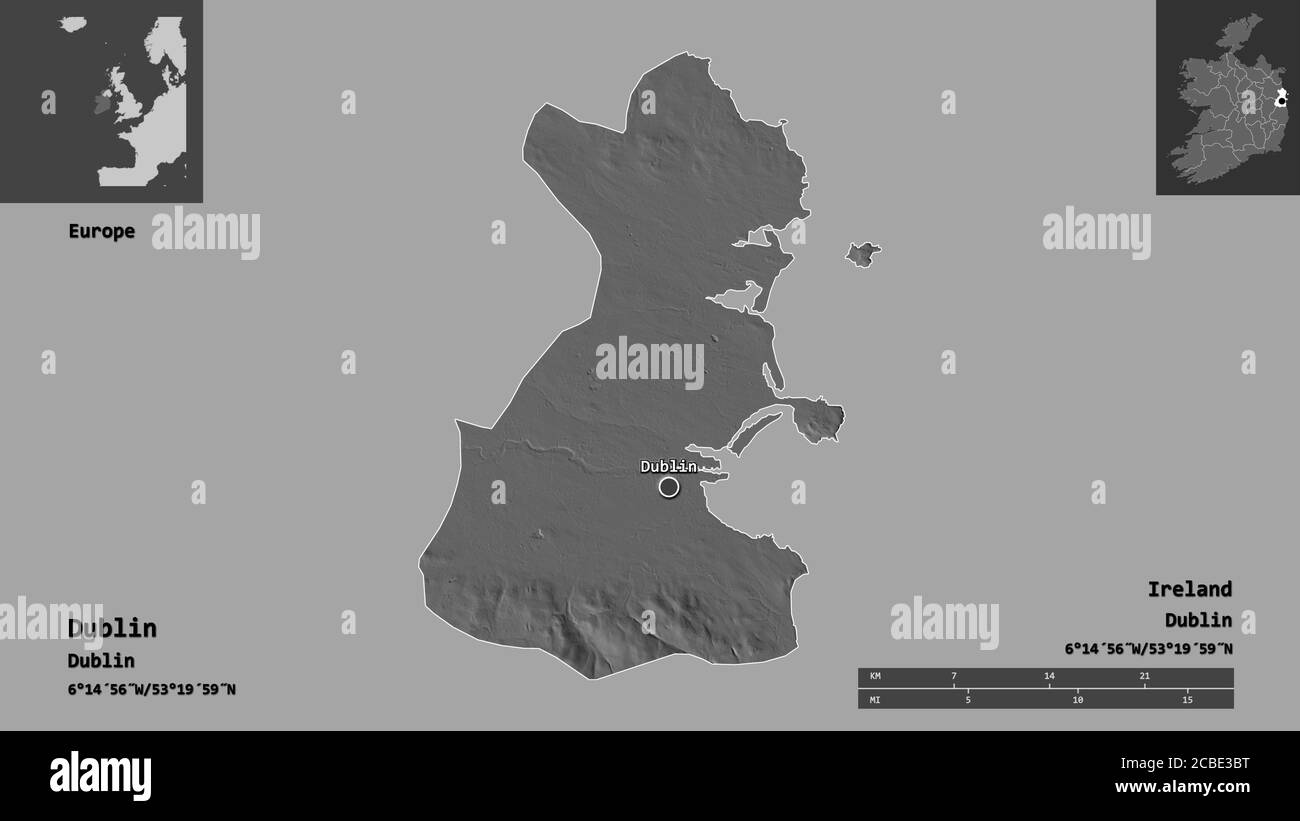 Shape of Dublin, county of Ireland, and its capital. Distance scale ...