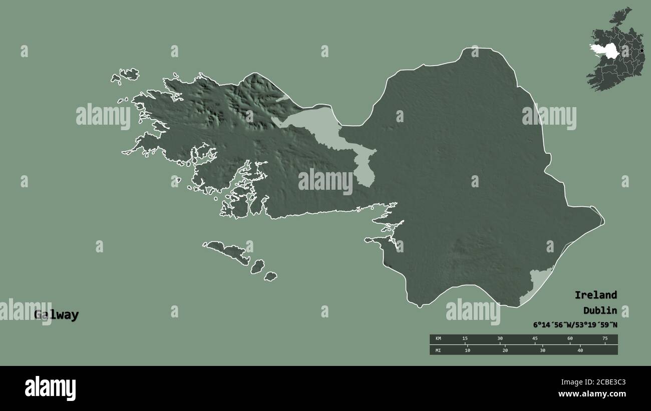 Shape of Galway, county of Ireland, with its capital isolated on solid ...