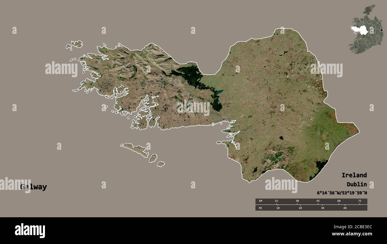 Shape of Galway, county of Ireland, with its capital isolated on solid ...