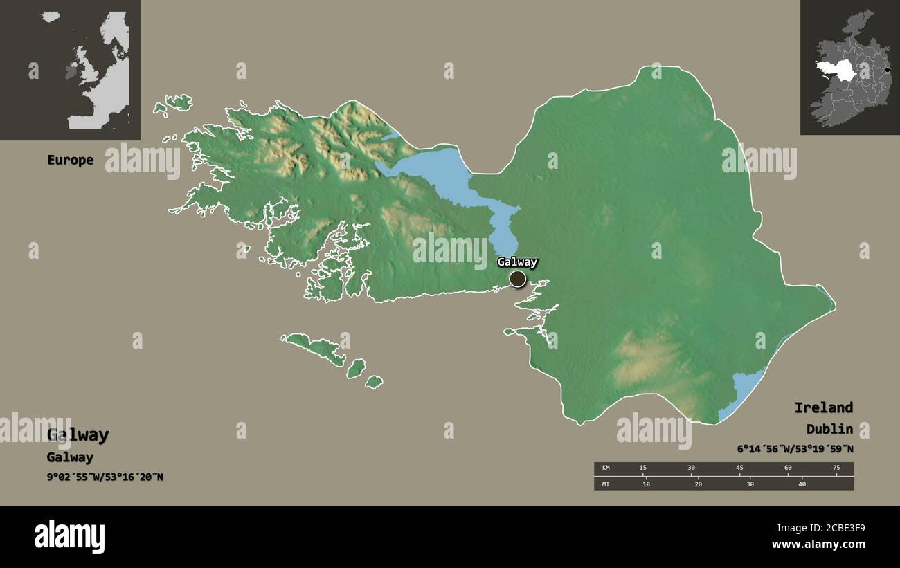 Shape of Galway, county of Ireland, and its capital. Distance scale ...